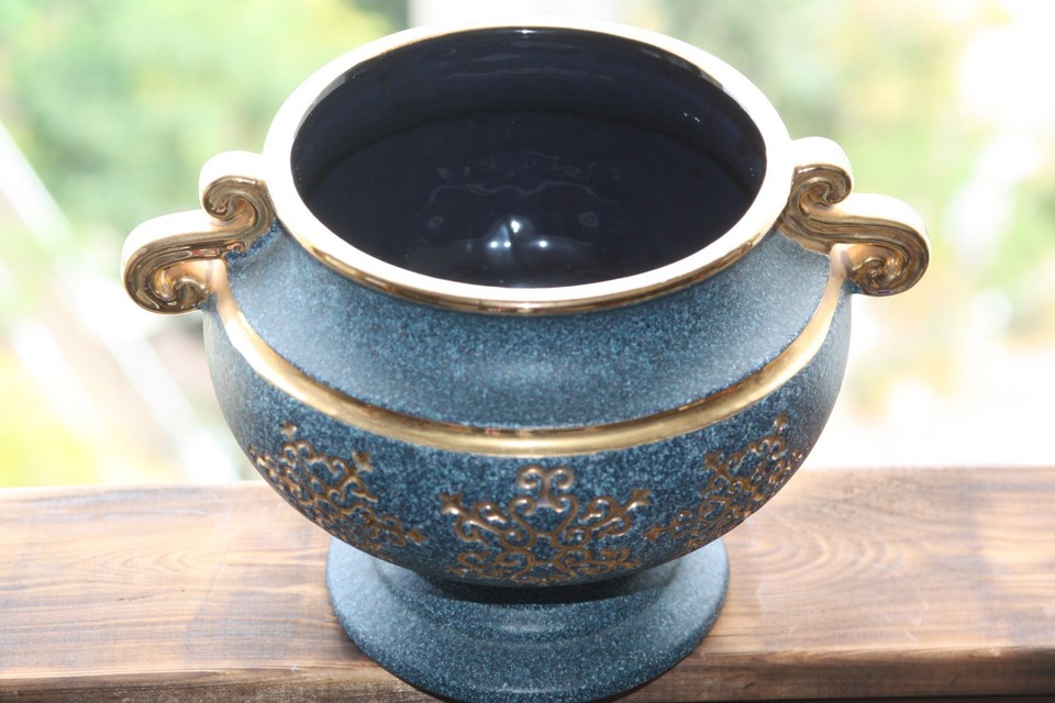 Awesome Blue with Gold Ceramic Pottery Pot Jar Bowl Handled Home ...