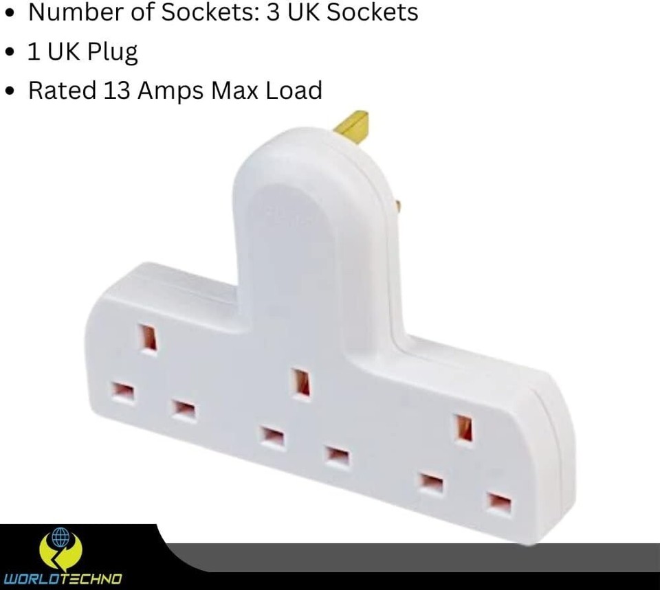 3 Way Plug Adapter UK Switched Socket- Multi Plug Extension 13A Wall ...