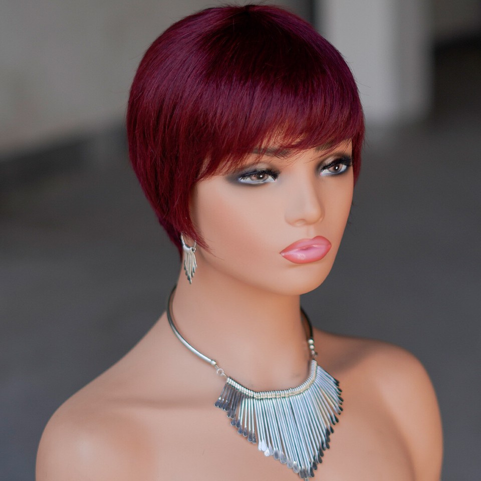 Short Pixie Cut Wigs Full Machine Made Remy Human Hair Wig With Bangs ...
