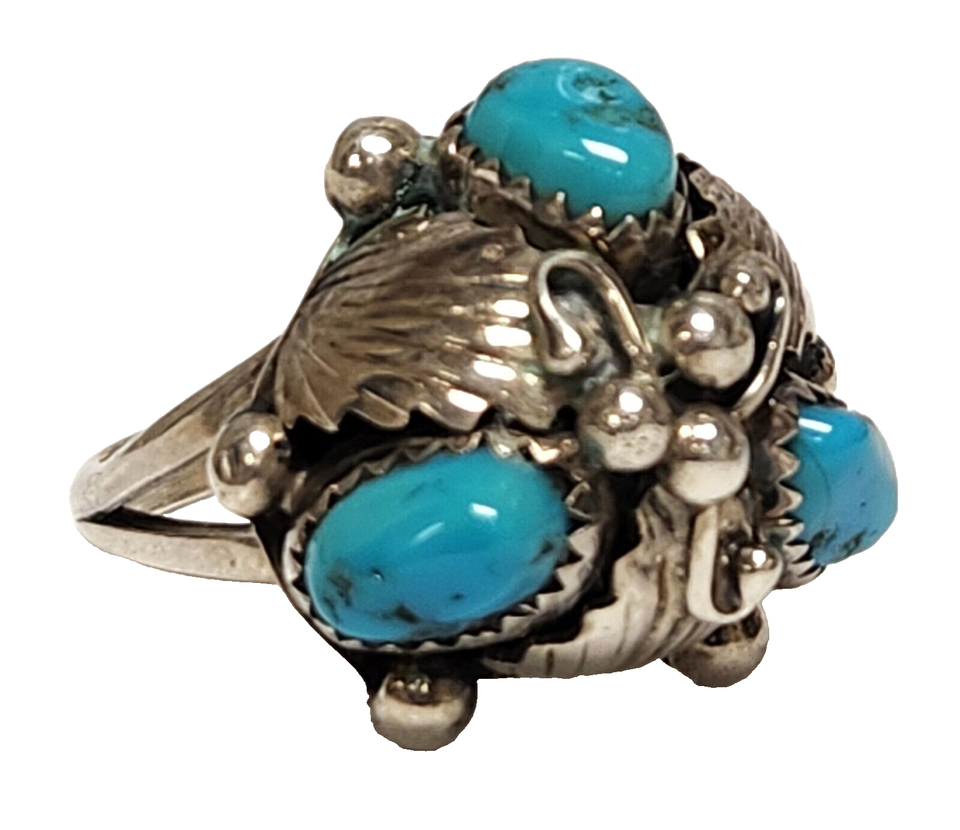 Native American Navajo 3 Stone Turquoise Sterling Silver Feather Ring ...