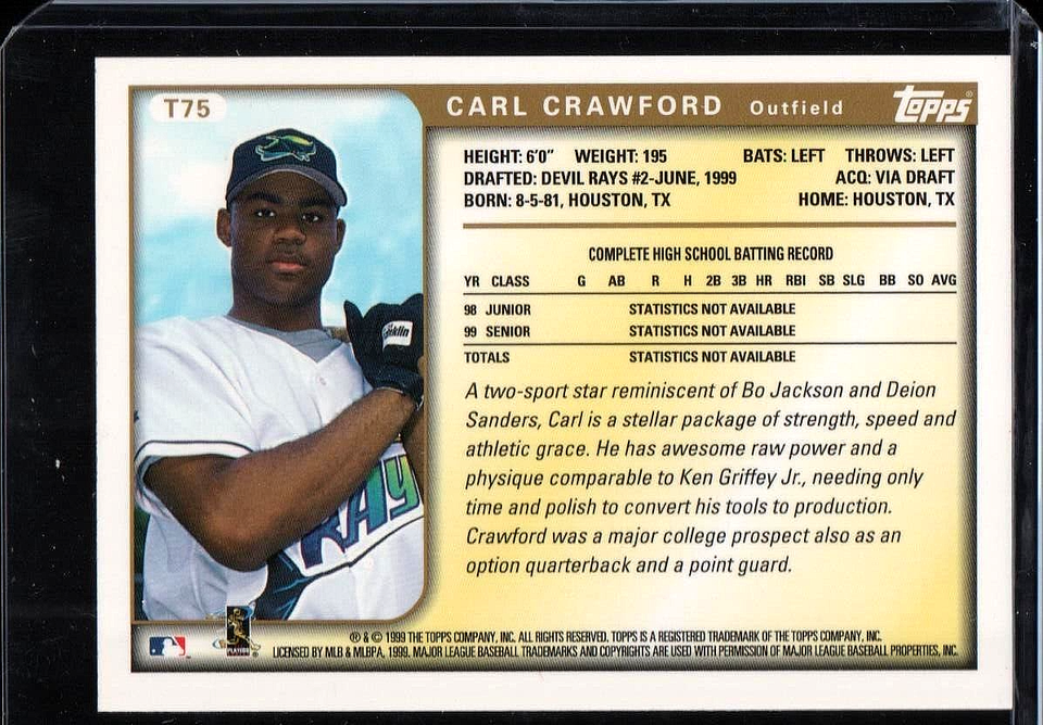 Carl Crawford (Tampa Bay Devil Rays) 1999 Topps Traded Rookie Card T75 Mint+ | eBay