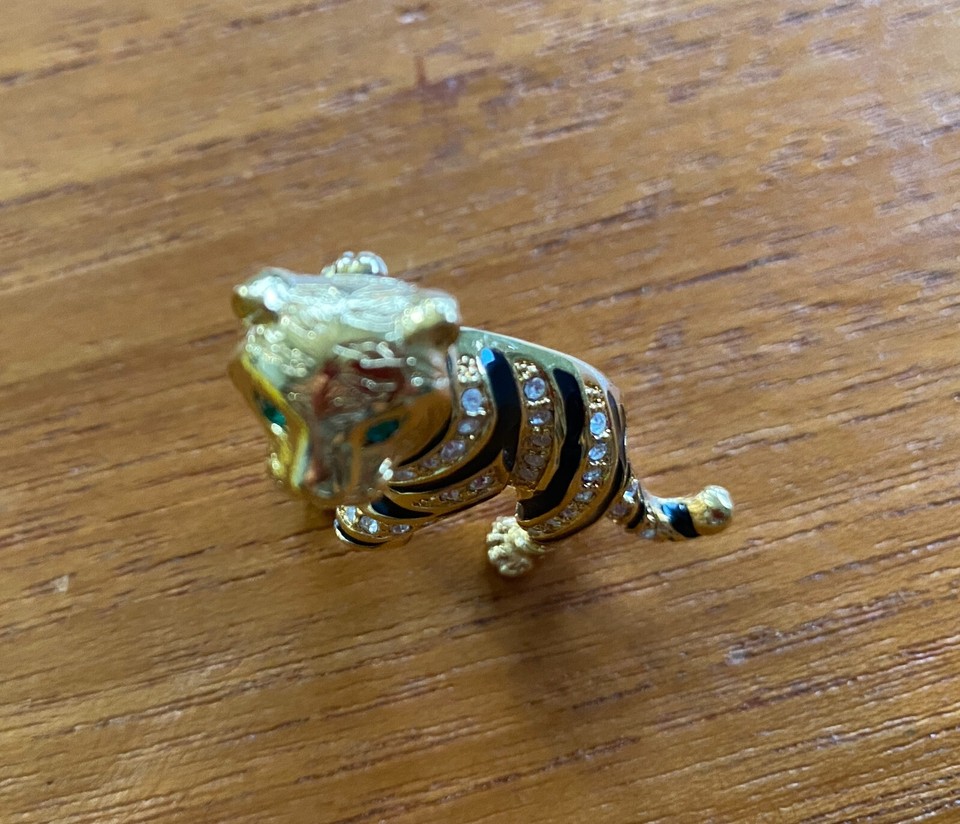 SWAROVSKI Gold-Tone Tiger Cat Pin w/ Enamel Black Stripes & Green ...