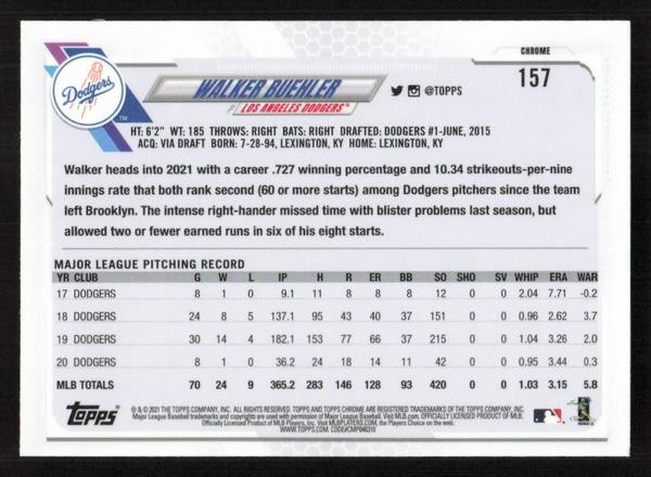 2021 Topps Chrome Walker Buehler Pink Refractor #157 Card | eBay