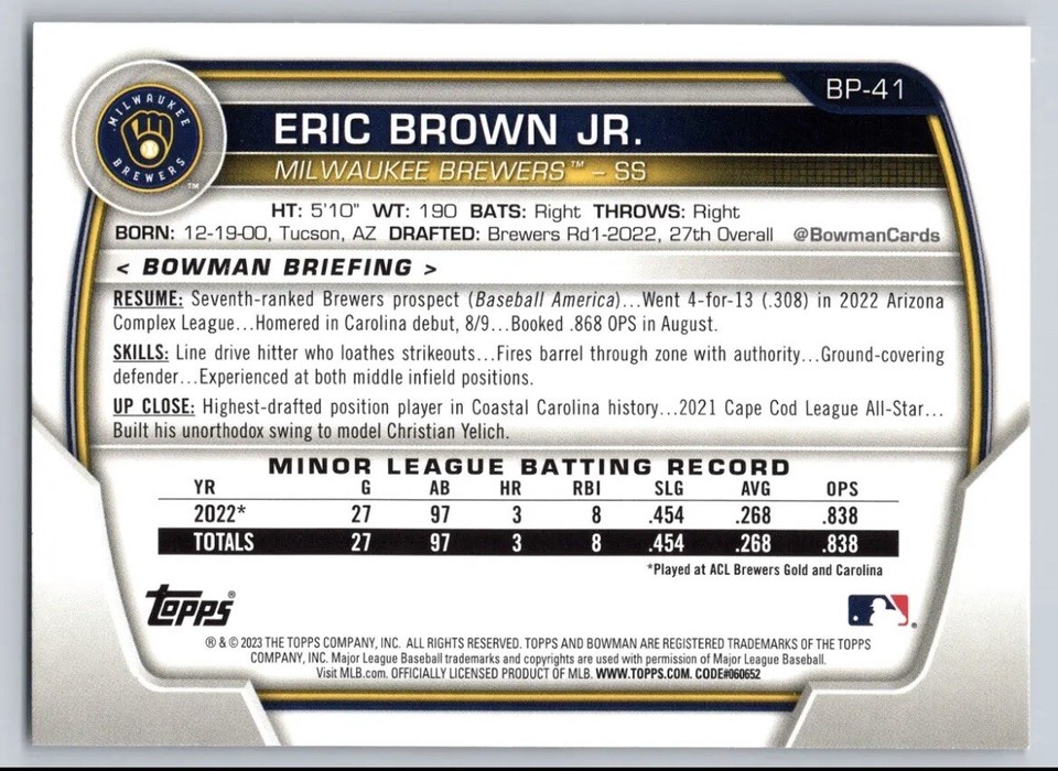 Eric Brown Jr 2023 Bowman #BP-41 Prospect Milwaukee Brewers SS | eBay