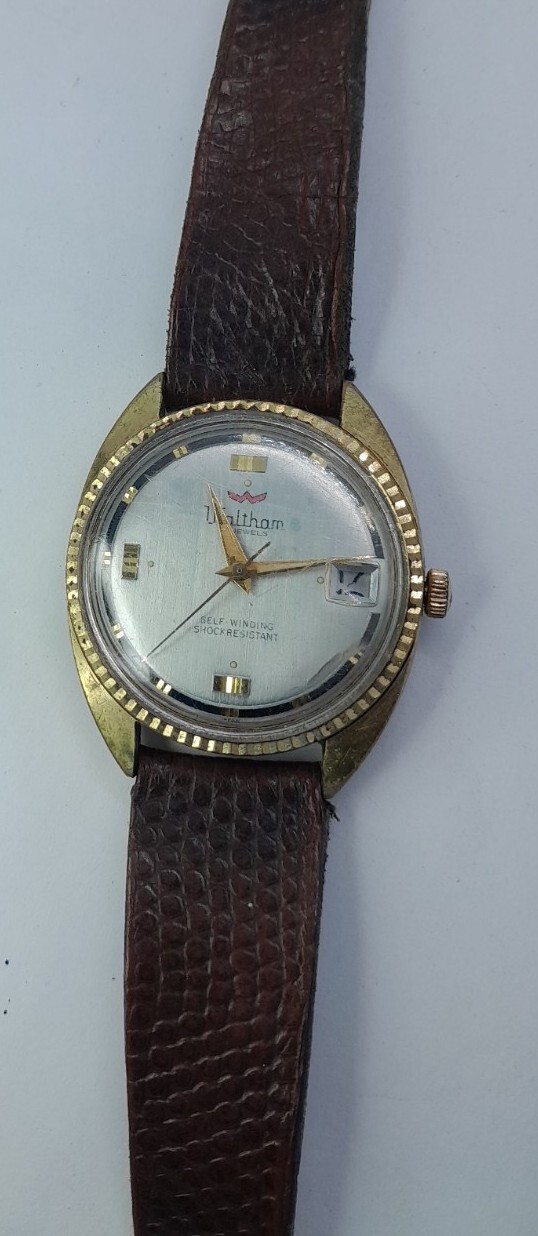 Men Vintage Waltham Automatic Watch Shock Resis Gold Case Brown Leather ...