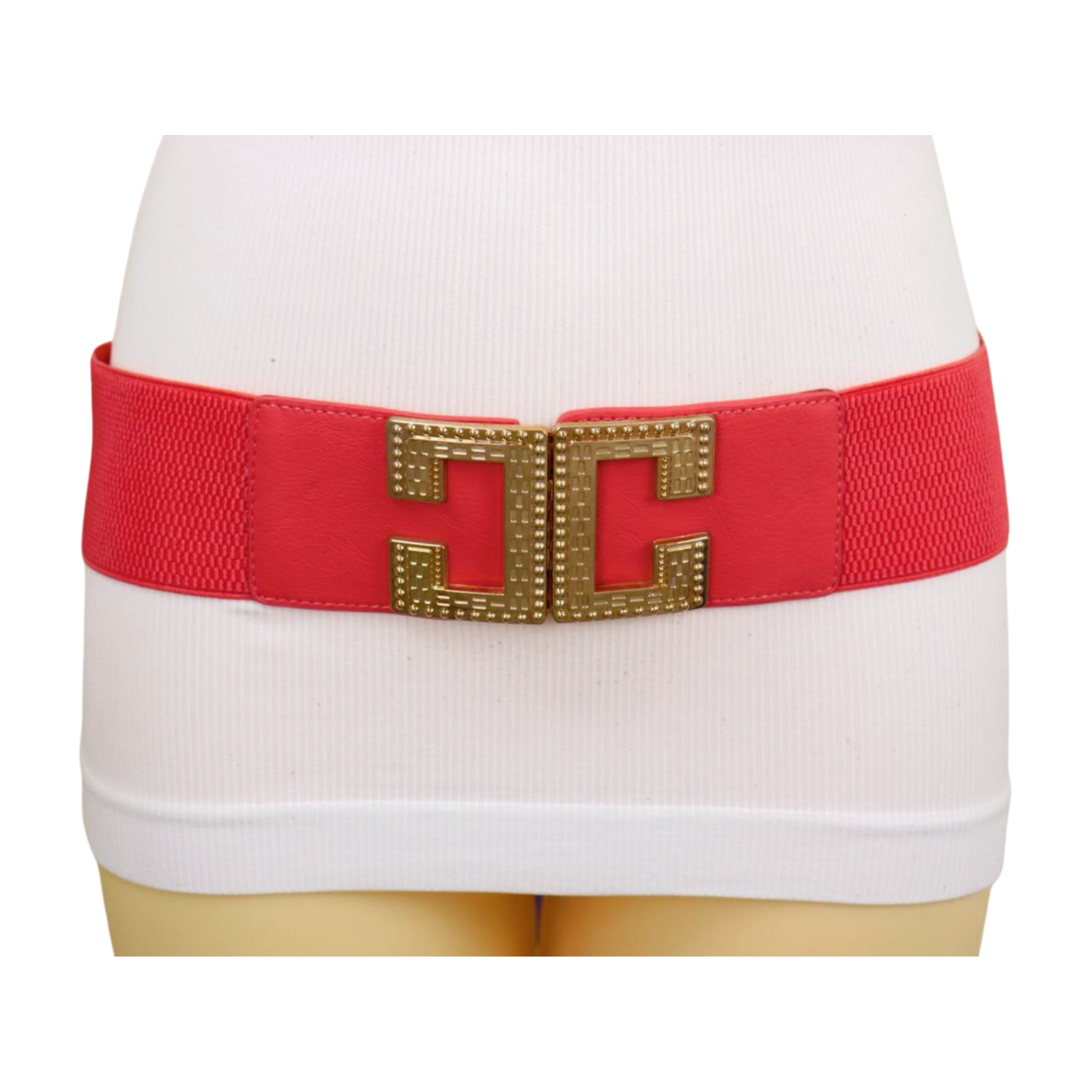 Women Coral Exotic Color Elastic Wide Band Fashion Belt Gold Metal C ...