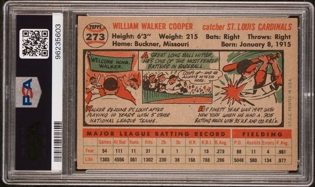 1956 Topps Baseball Walker Cooper PSA 6 EX-MT St. Louis Cardinals #273 ...