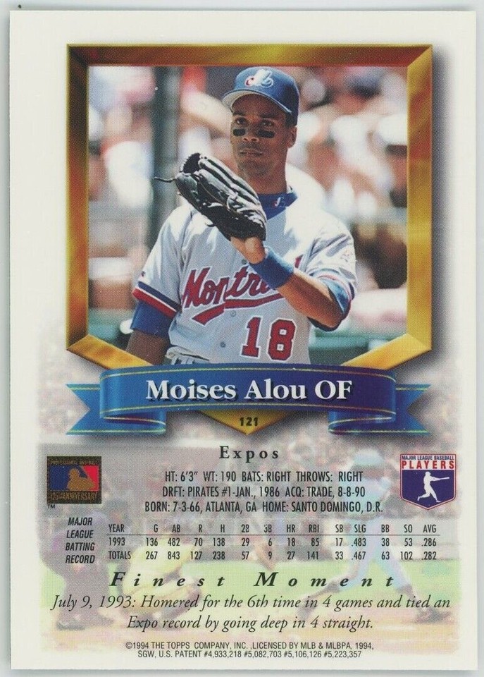 1994 Topps Finest Moises Alou Montreal Expos #121 | eBay