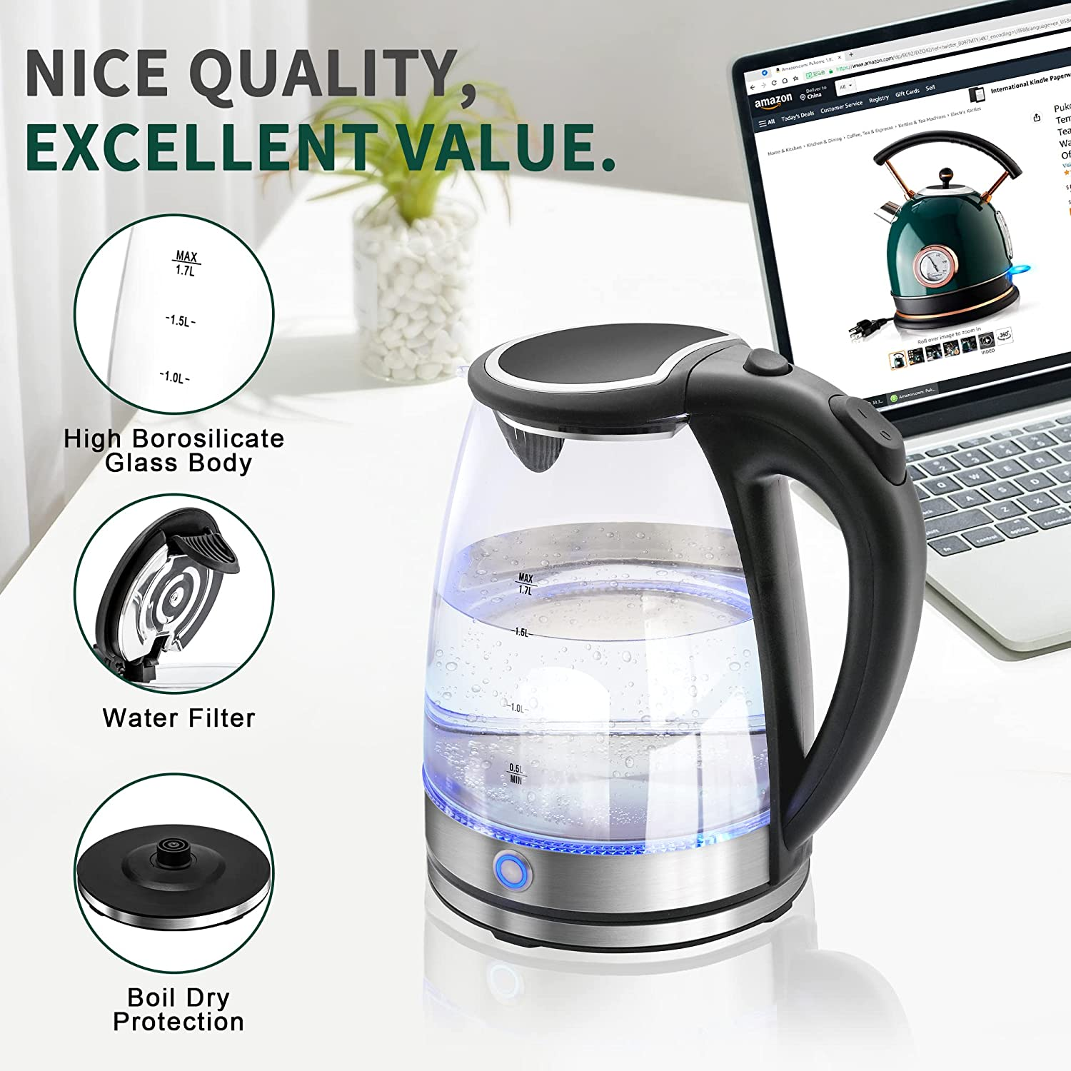 Electric Kettle with Keep Warm - 1.7L Glass Water Boiler with Wide ...