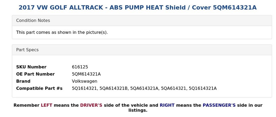 2017 VW GOLF ALLTRACK - ABS PUMP HEAT Shield / Cover 5QM614321A | eBay