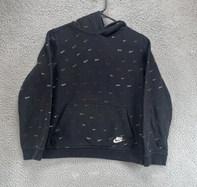 Nike Boys Large Black Pullover Pocket Hoodie Sweatshirt Swoosh All Over ...
