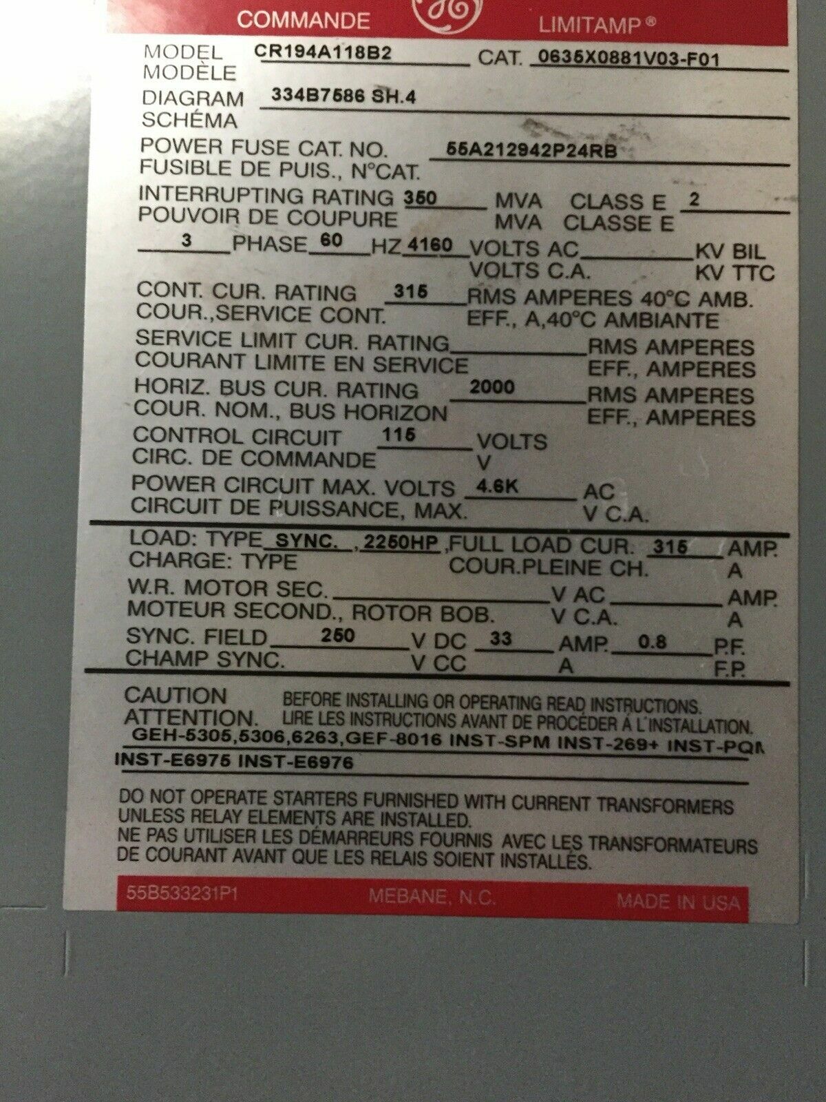 Gerneral Electric LimitAmp 2250HP 4160 Synchronous Motor Starter | eBay