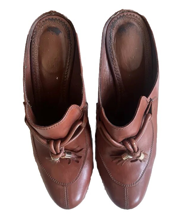 Yves Saint Laurent Studded Tassle Clogs Wood Heel Brown Sz 40 Authentic ...