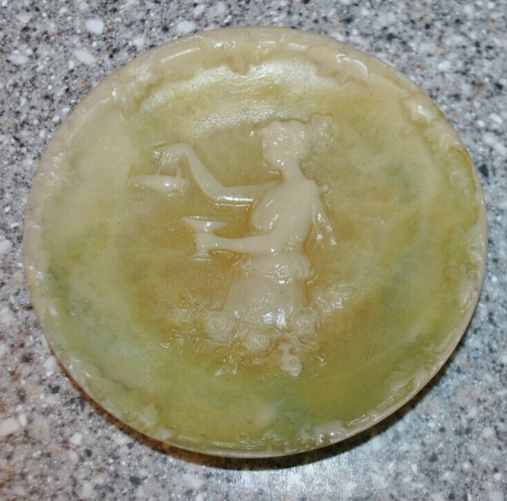 Vintage Genuine Incolay Stone Green Cameo Plate "Serene Goddess" USA 4. ...