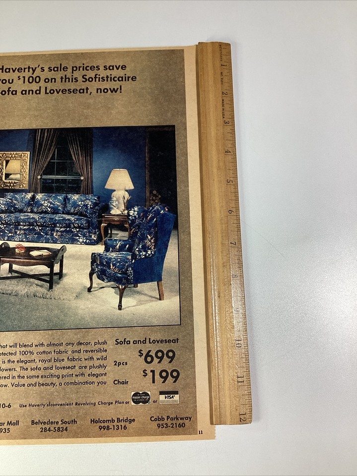 Atlanta GA Print Ad 1981 AJC Haverty’s Furniture Sofa Blue Flowers ...