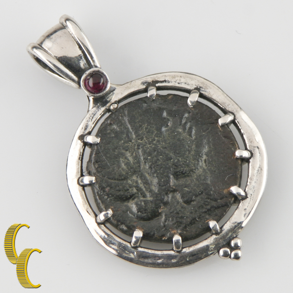 ANCIENT GREEK COIN IN SILVER BEZEL WITH RUBY CABOCHON PENDANT ...