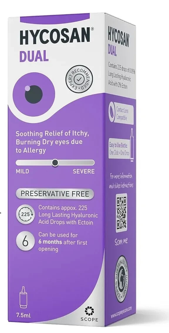 Hycosan Dual Eye Drops DAMAGED BOX Preservative Free Itching Burning ...