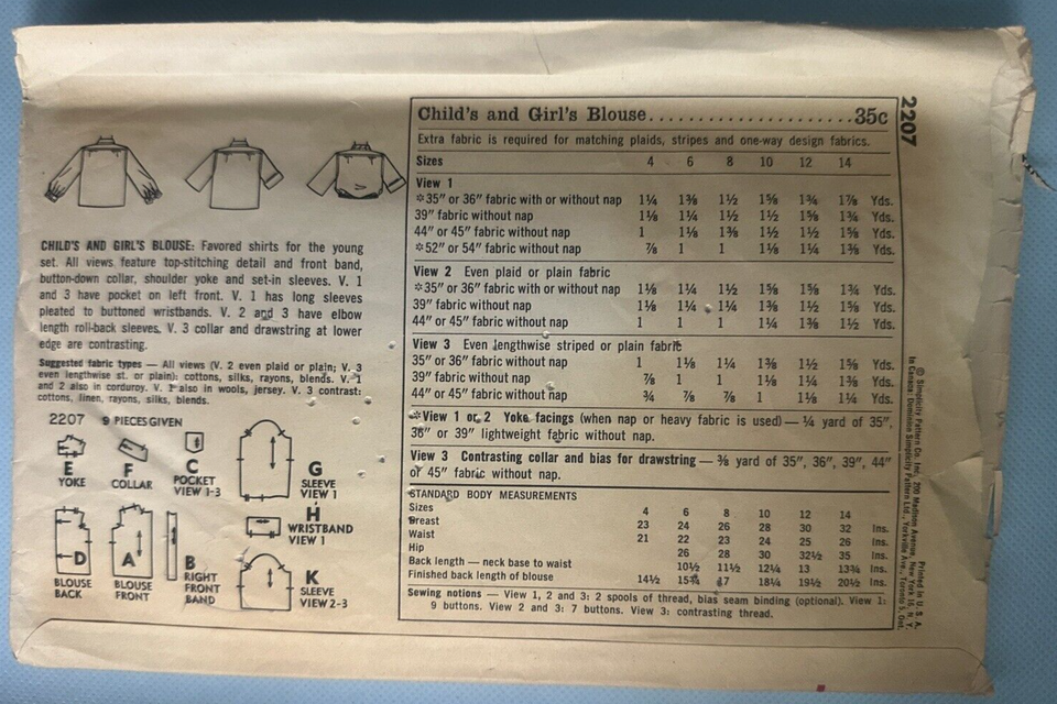 Child's Girls Blouse Pattern Transfer Simplicity 2207 1950's Vintage ...