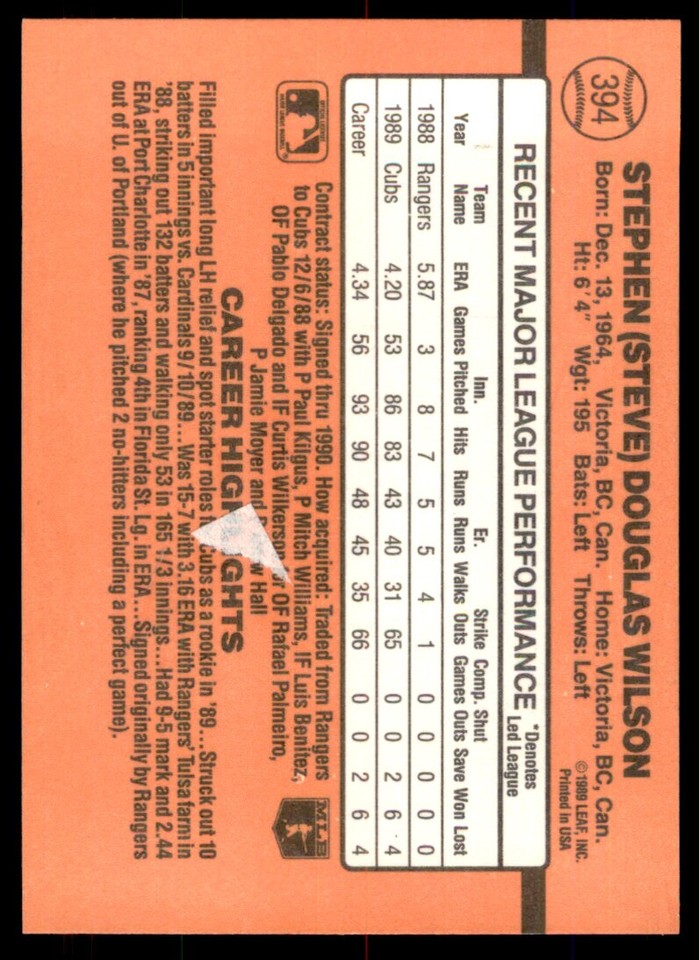 1990 DONRUSS STEVE WILSON CHICAGO CUBS #394 | eBay