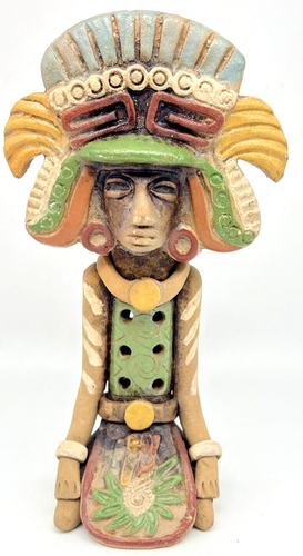 Vtg Clay Tribal Flute Folk Art Figurine Statue Large Headdress Aztec ...