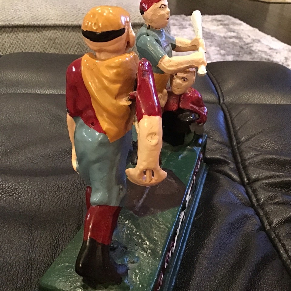 Vintage Cast Iron 1950s Baseball Coin Bank Mechanical Home Town Battery ...