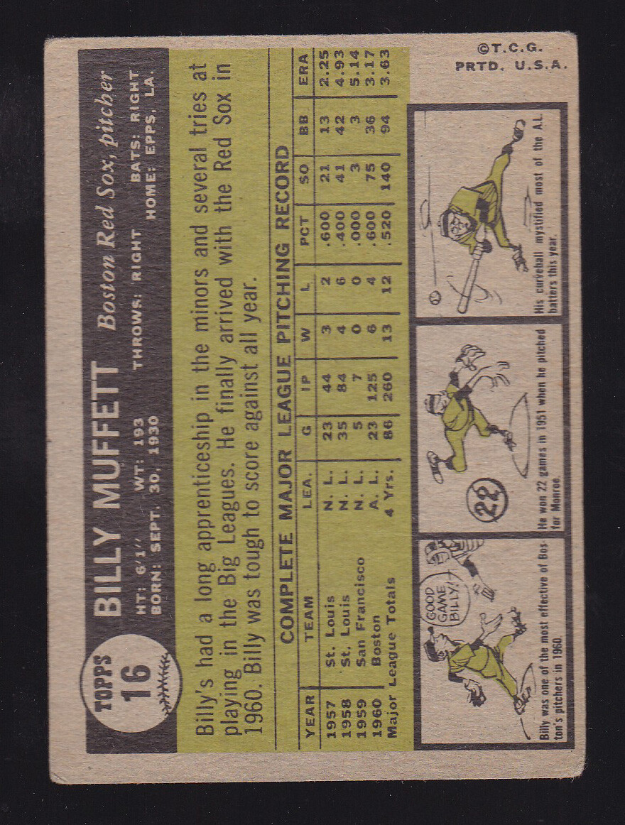 1961 Topps Billy Muffett #16 Boston Red Sox | eBay