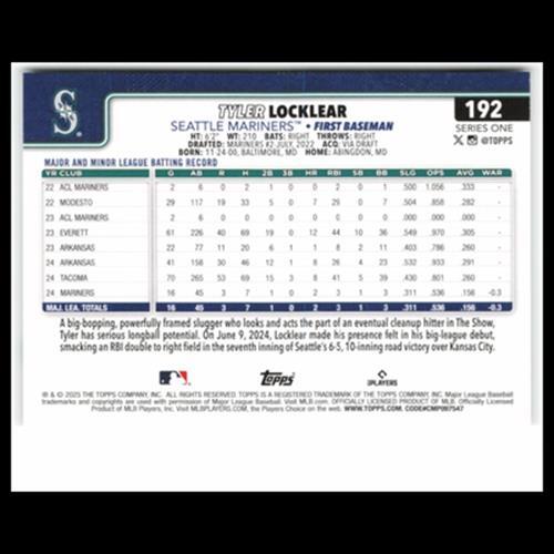 Tyler Locklear Rookie #192 2025 Topps Seattle Mariners Baseball Card ...