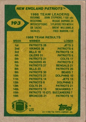 1989 Topps John Stephens #9 New England Patriots Football Card | eBay