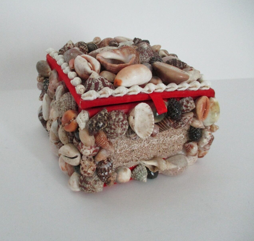 Vintage Seashell Encrusted Trinket Jewelry Box Bahamas Souvenir Red ...