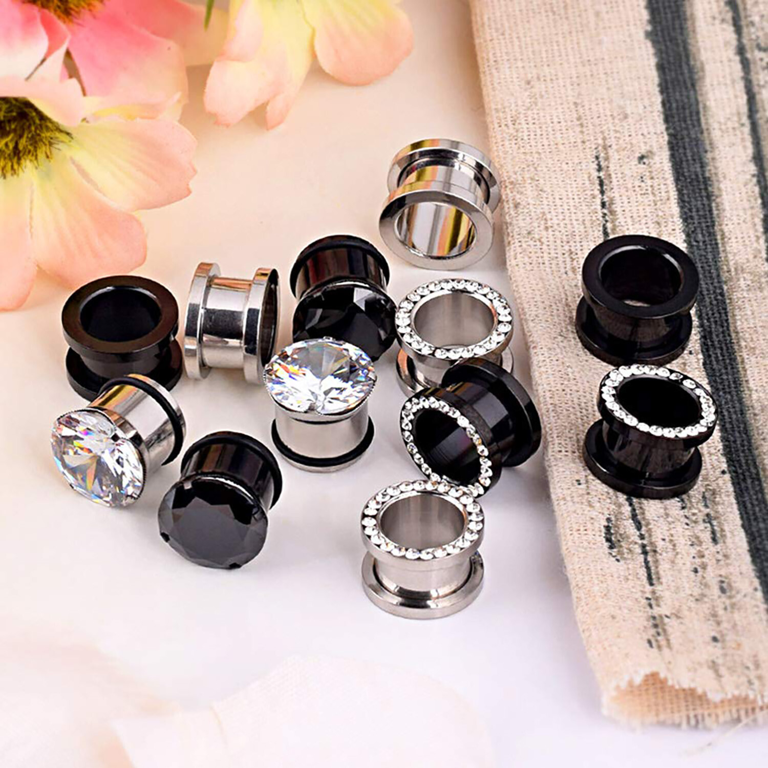 3 Pairs Ear Tunnels Plugs Gem Gauge Surgical Steel Expander Stretcher ...