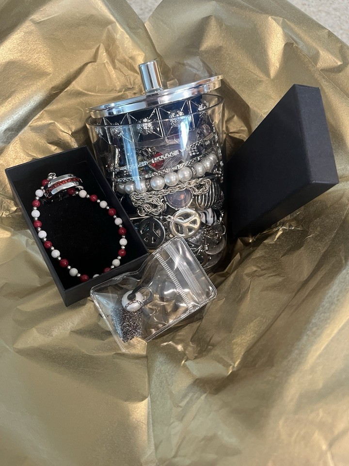 Silver-Tone Jewelry Jar Lot | Costume + Stamped 925 Bracelet & Ring ...