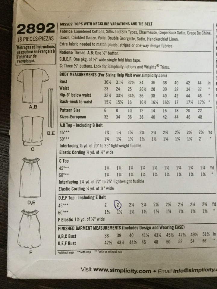 Simplicity 2892 Top Sleeve Neckline Variations 6 Looks Easy Size 6-14 ...