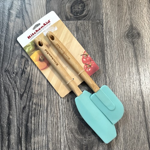 KitchenAid Set Of 2 Bamboo Mixer Scraper Spatula Aqua Blue Sky HAQA new ...