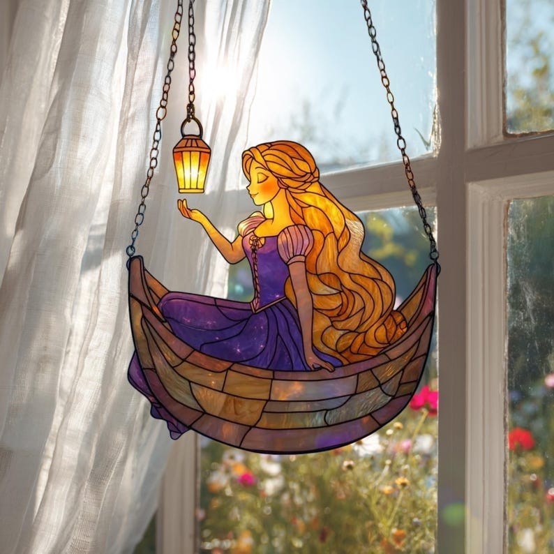 Rapunzel Lantern Scene Acrylic Suncatcher, Fairytale Stained Glass ...