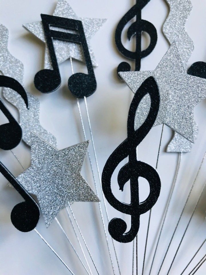 Glitter Sparkly Paper MUSIC NOTES CAKE TOPPER SPRAY BURST BLACK/SILVER ...