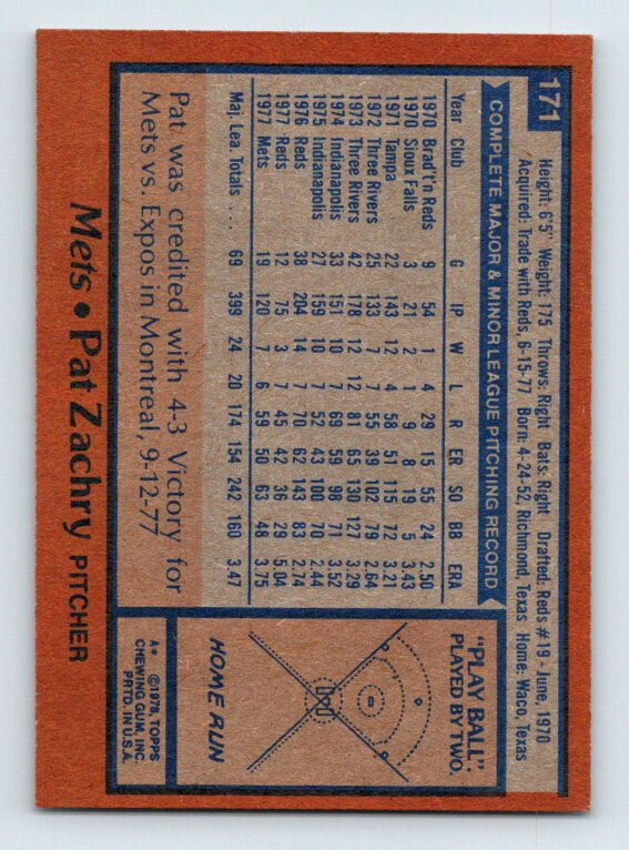 PAT ZACHRY New York Mets 1978 Topps Baseball Card B183 | eBay