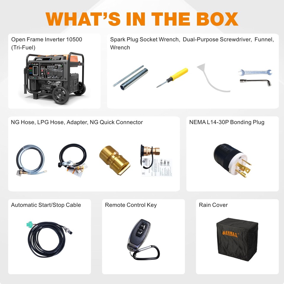 GENMAX 10500 Peak Watt Tri Fuel Open Frame Inverter Generator,with ATS ...