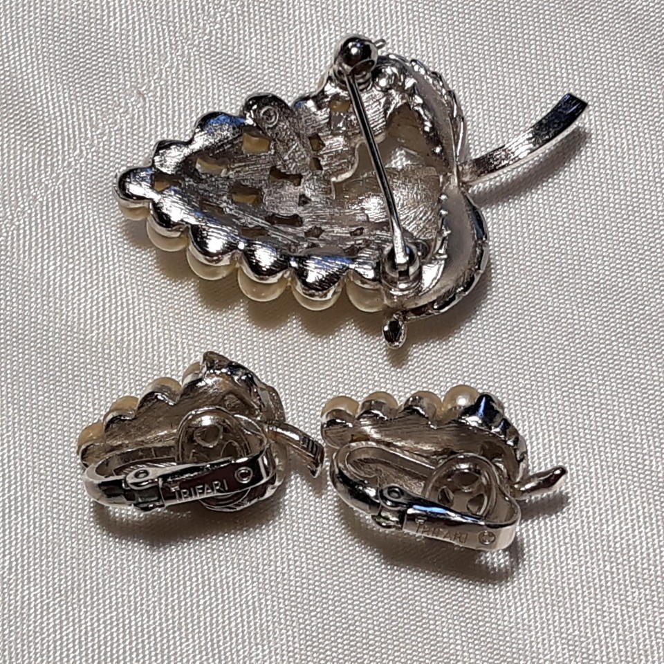 C1940s Alfred Philippe Design Crowned Trifari Pearl & Silver Earrings ...