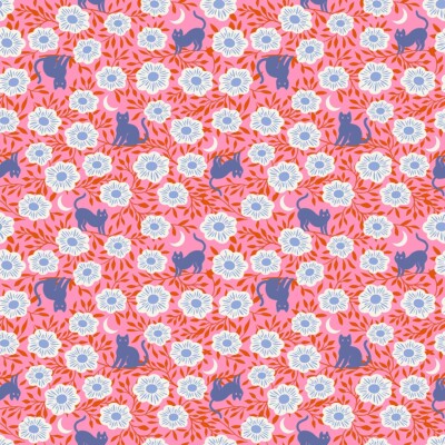 Ruby Star Society Backyard - Cats with Flowers Pink/Orange Fabric BY 1/ ...