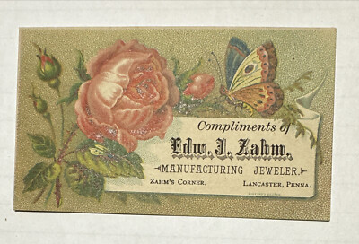 VICTORIAN JEWELERS TRADE CARD Edw Zahm Lancaster PA Watches Clocks ...