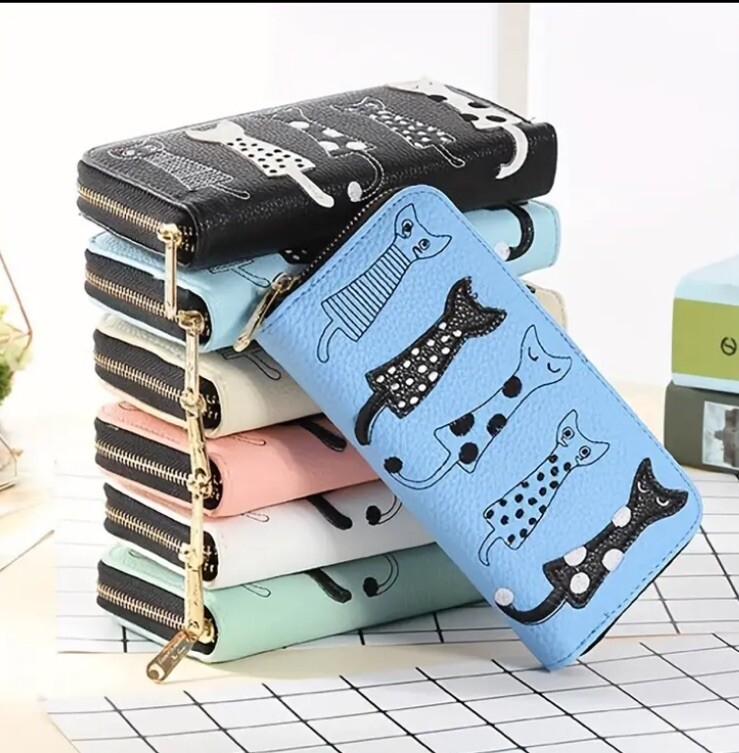 Cat Lover Wallet White Black Sleek Zippered Faux Leather Credit Cards ...