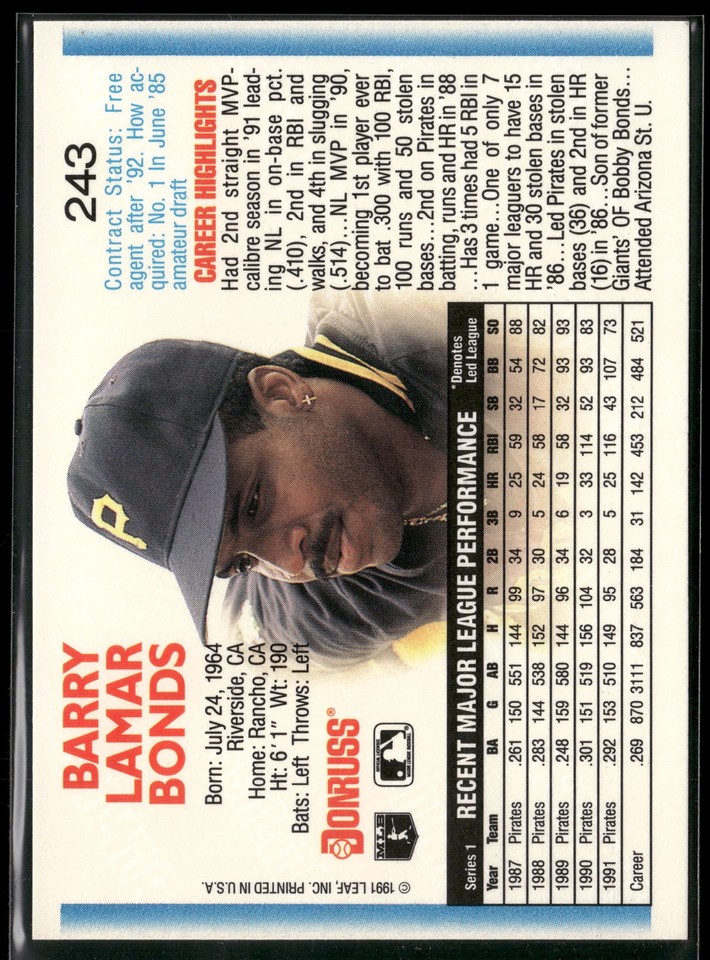 1992 Donruss #243 Barry Bonds | eBay