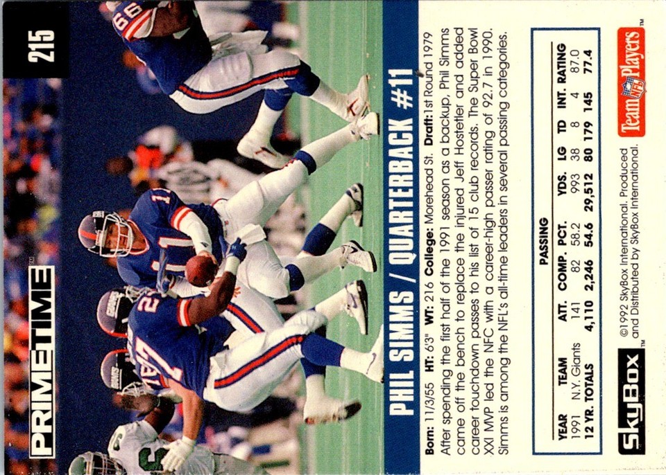 1992 Skybox Impact Phil Simms #215 New York Giants Football Card | eBay