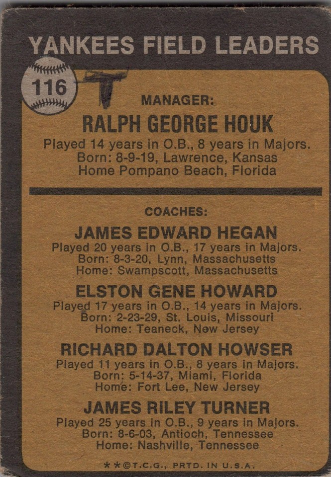 1973 Topps # 116a Solid orange backgrounds Ralph Houk New York Yankees ...