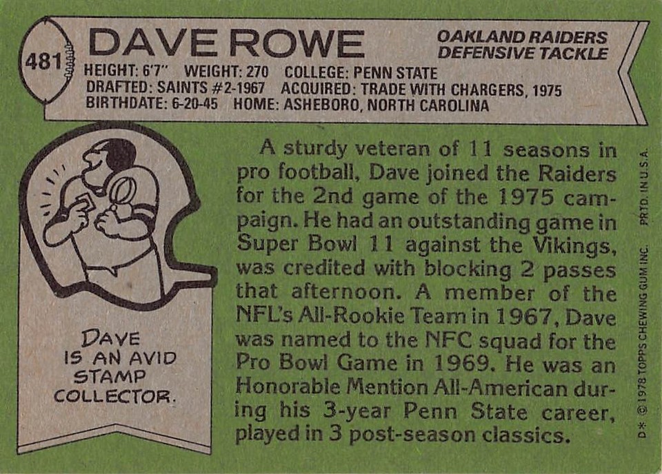 1978 Topps Football Dave Rowe #481 EX+ CONDITION OAKLAND RAIDERS | eBay