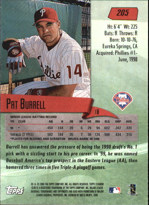 2000 Stadium Club Philadelphia Phillies Baseball Card #205 Pat Burrell ...