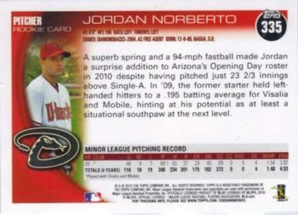 2010 Topps #335 Jordan Norberto NM-MT RC Rookie Diamondbacks | eBay