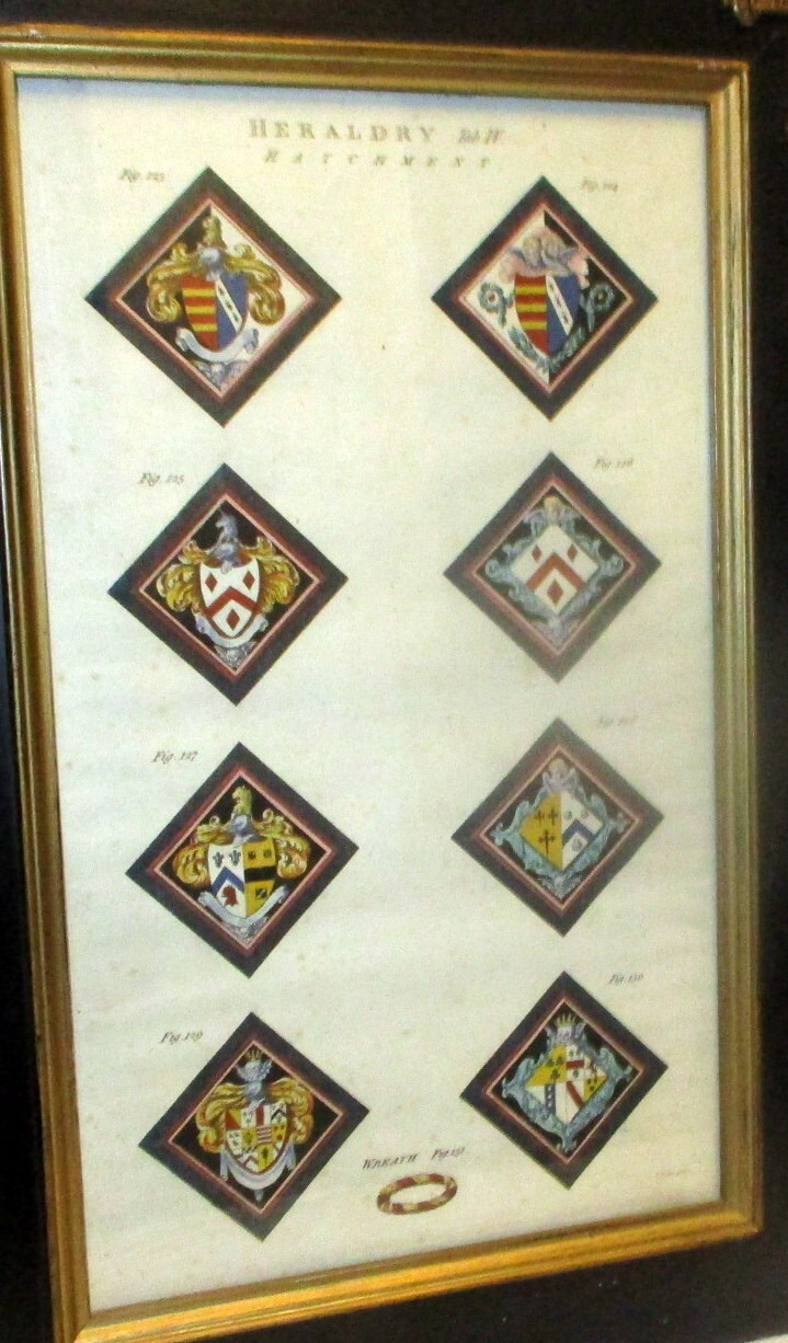 Antique 18- 19th C, ART ENGRAVING HERALDRY Hatchment Hand Colored ...