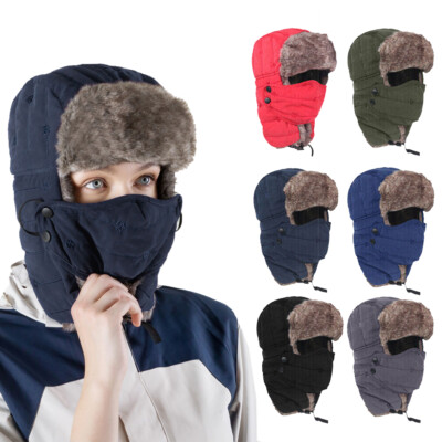 Winter Ear Flap Thermal Hat Fur Warm Snow Ski Cap Face Mask for Cold ...