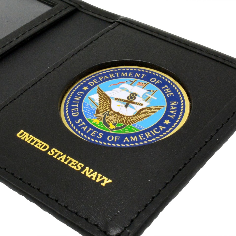 U S Navy USN Military Mens Black Leather Bi Fold Billfold Medallion ...